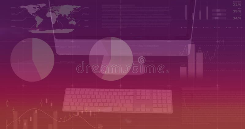 Animation of Infographic Interface Over Overhead View of Desktop and ...