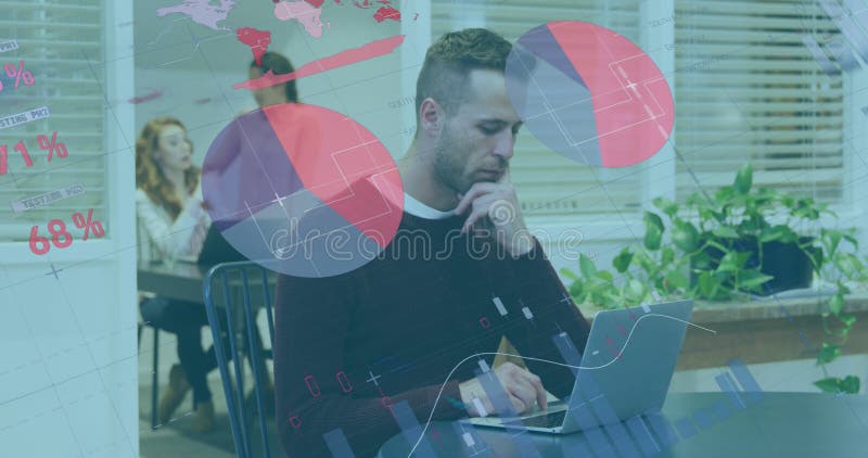 Animation of Infographic Interface Over Smiling Caucasian Man Typing on ...