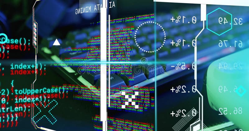 Animation of Interface Ai Data Mining, Shapes and Blue Scanner Beams Over Computer Keyboard ...