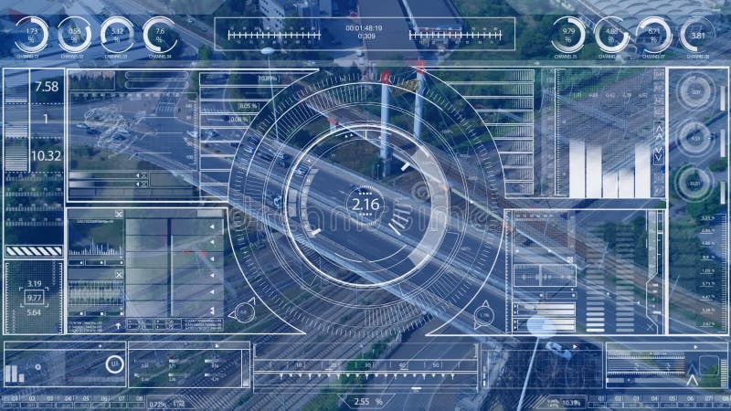 Animation of Interface with Data Processing Against Aerial View of City ...