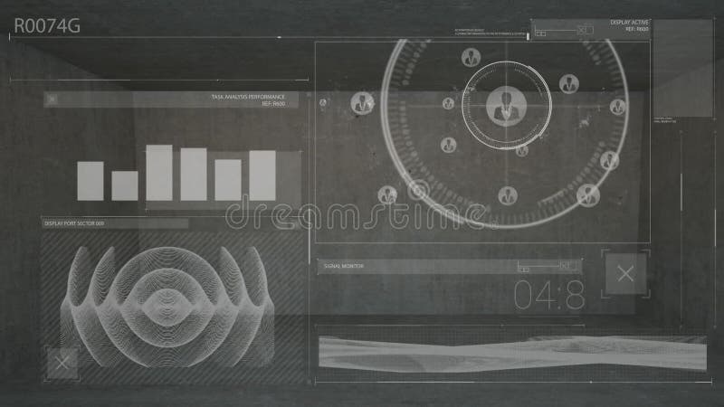 Animation Of Interface With Data Processing Against Grey Empty Room