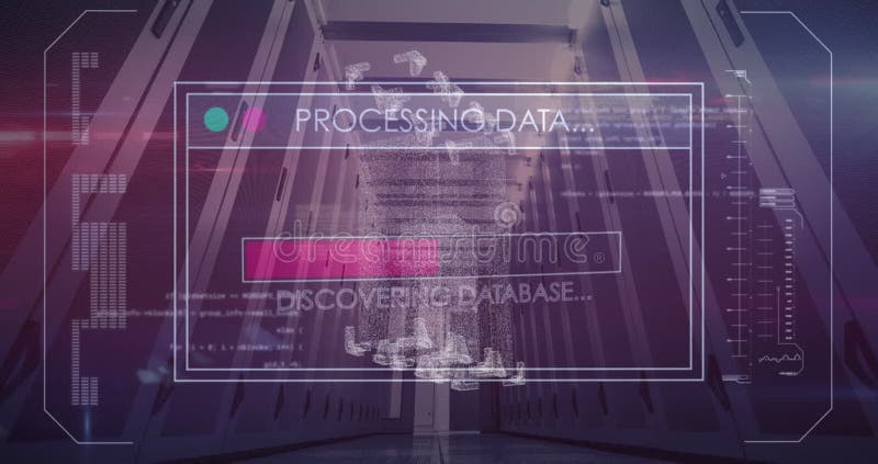 Animation of Interface with Data Processing and 3d Computer Sever Model Spinning Against Server ...