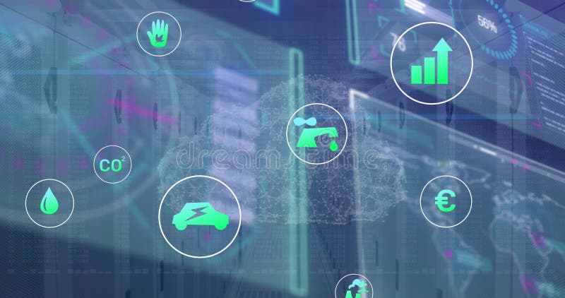 Animation of Interface with Data Processing and Multiple Digital Icons Against Computer Server ...