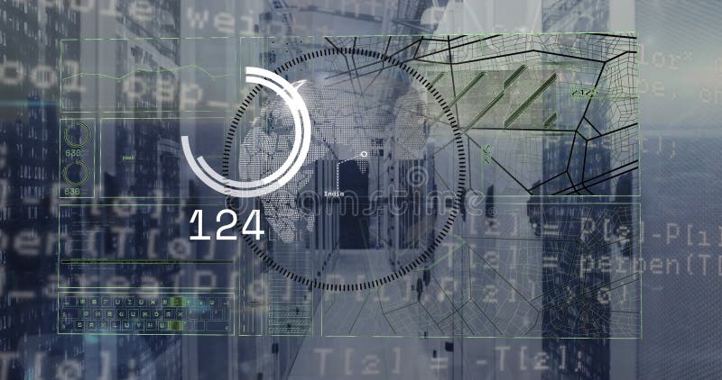 Animation of Interface with Data Processing Over Spinning Globe Against Computer Server Room ...