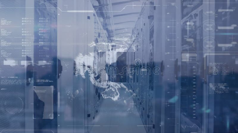 Animation of Interface with Data Processing Over Spinning Globe Against Computer Server Room ...
