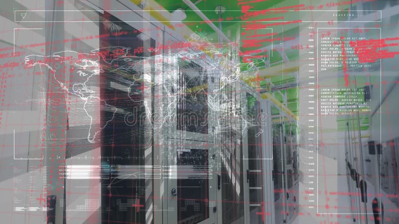Animation of Interface with Data Processing Over World Map Against Computer Server Room Stock ...