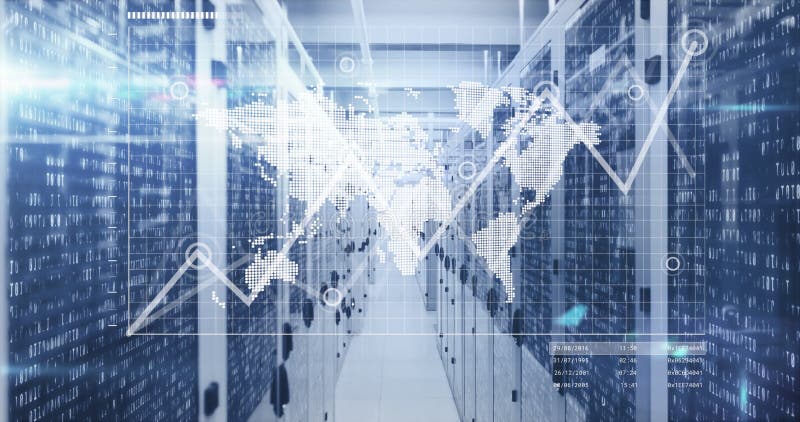 Animation of Interface with Data Processing Over World Map Against Computer Server Room Stock ...