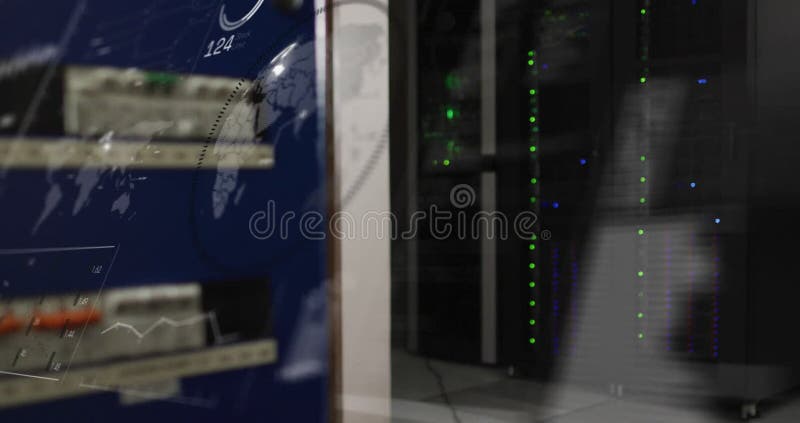 Animation of Interface with Data Processing Over World Map and Globe Against Computer Server ...