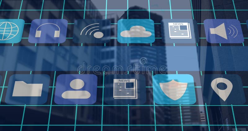 Animation of Interface with Digital Icons Against Tall Buildings Stock ...