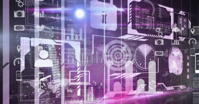 Animation of Interface with Multiple Charts, Padlock, Programming Language and Computer Icons ...