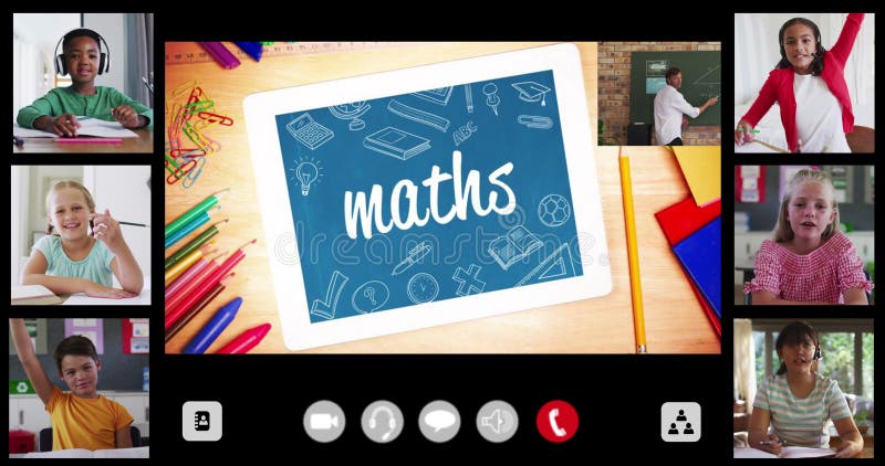 Animation of Interface Screen with Text, Maths, Teacher and Six Diverse ...
