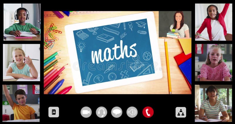 Animation of Interface Screen with Text, Maths, Teacher and Six Diverse ...