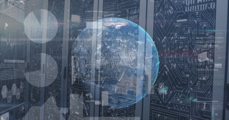 Animation of Interface with Statistical Data Processing Over Globe Against Computer Server Room ...