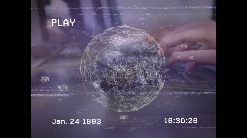 Animation of Interference Over Data Processing and Globe with Hands Typing on Keyboard Stock ...