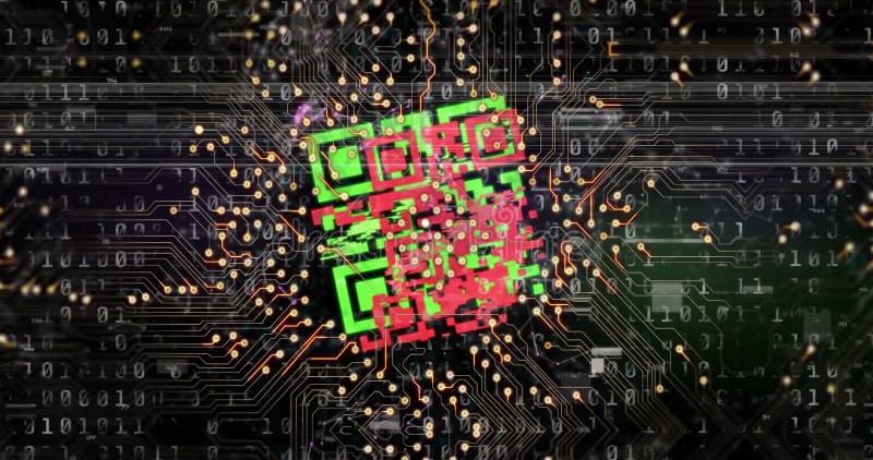 Animation Of Interference Over Qr Code Computer Circuit Board And Data