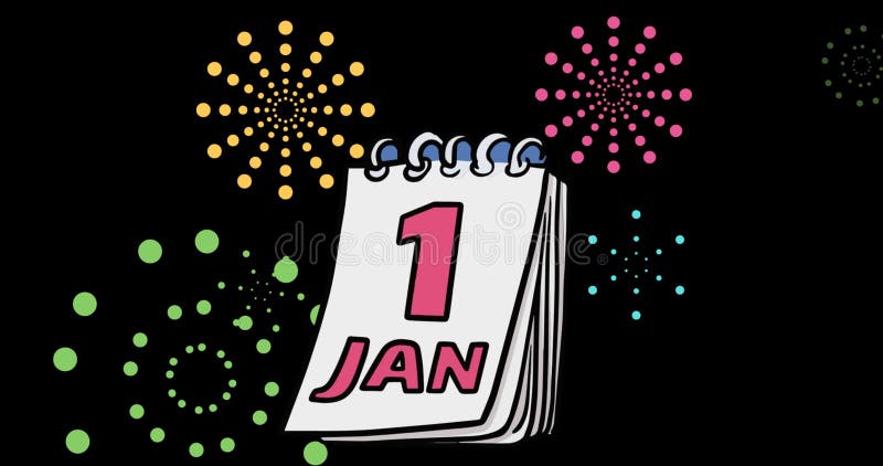 Animation of 1 Jan Text on Calendar Over Fireworks Exploding on Black ...