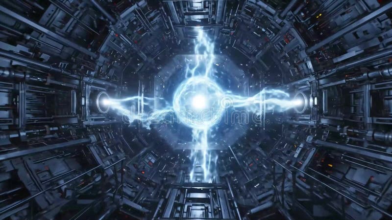 Flying through a Futuristic Tunnel Towards a Powerful Glowing Blue ...