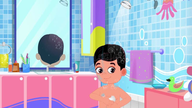 Animation of a Kid is Having Shower Stock Video - Video of male ...