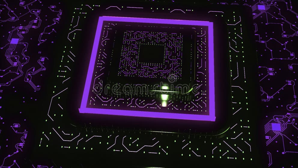 Animation with Large 3D Computer Chip. Motion. Neon Computer Chip with ...