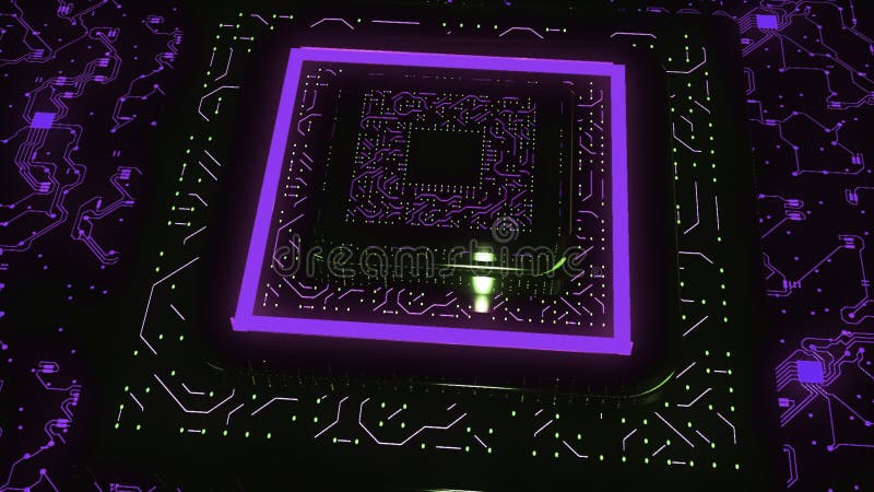 Animation with Large 3D Computer Chip. Motion. Neon Computer Chip with ...