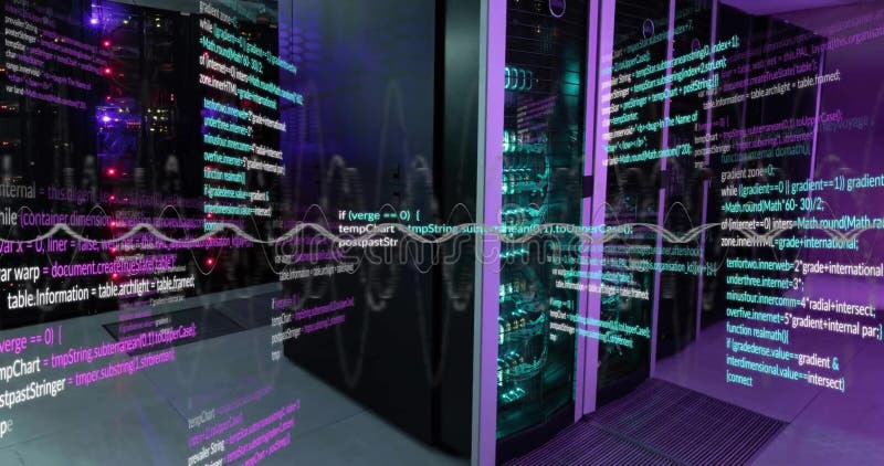Animation of Layers of Data Processing on Interface Screens Over Computer Server Room Stock ...