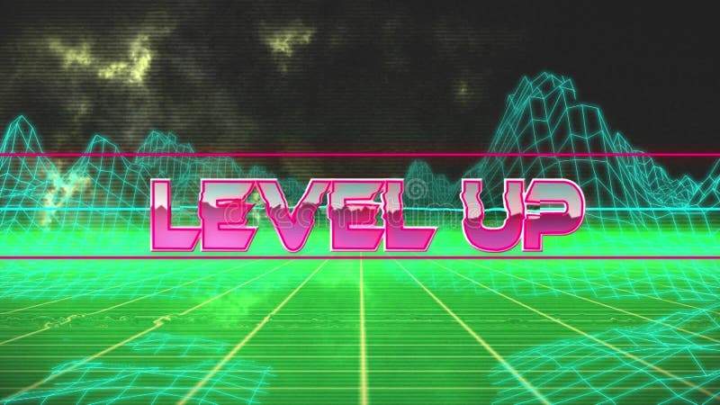 Animation of Level Up Text Banner Over Grid Network and Metaverse ...