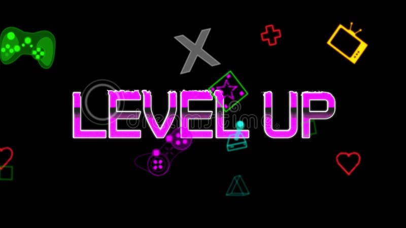 Animation of Level Up Text Banner Over Multiple Video Game Controller ...