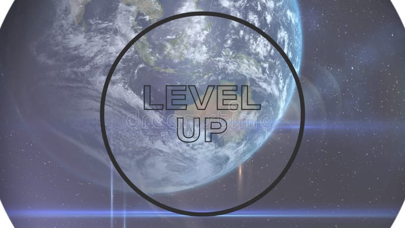 Animation of Level Up Text in Black Circle Frame Over Earth and ...