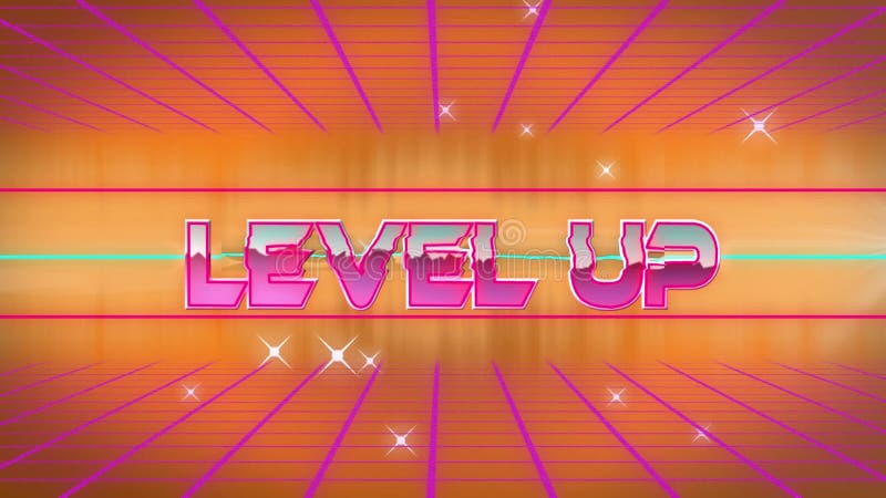 Animation of Level Up Text Over Grid Network Against Shining Stars on ...