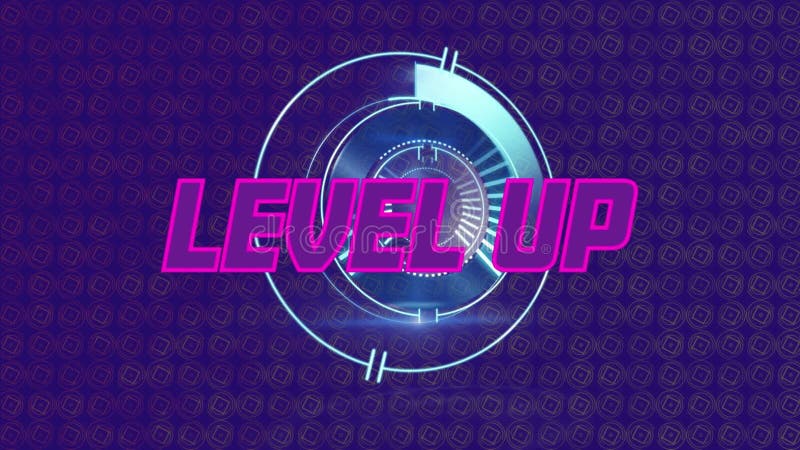 Animation Of Level Up Text Over Loading Circles Against Squares On