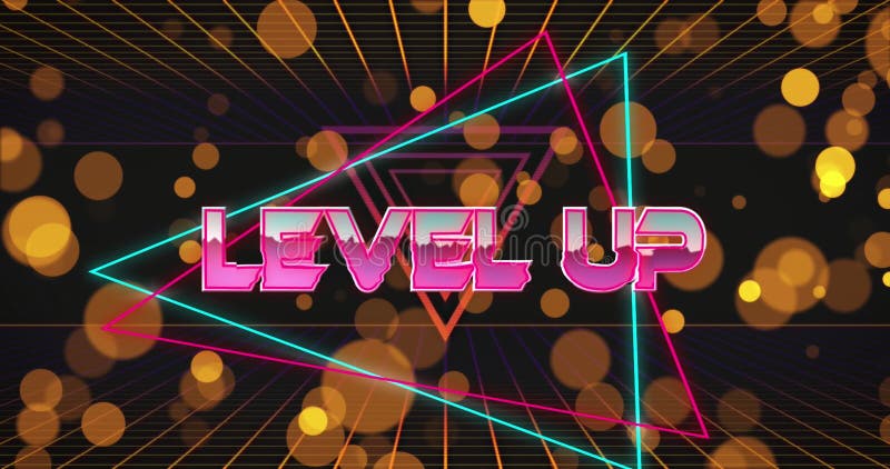 Animation of Level Up Text and Triangles Over Grid and Lens Flares ...