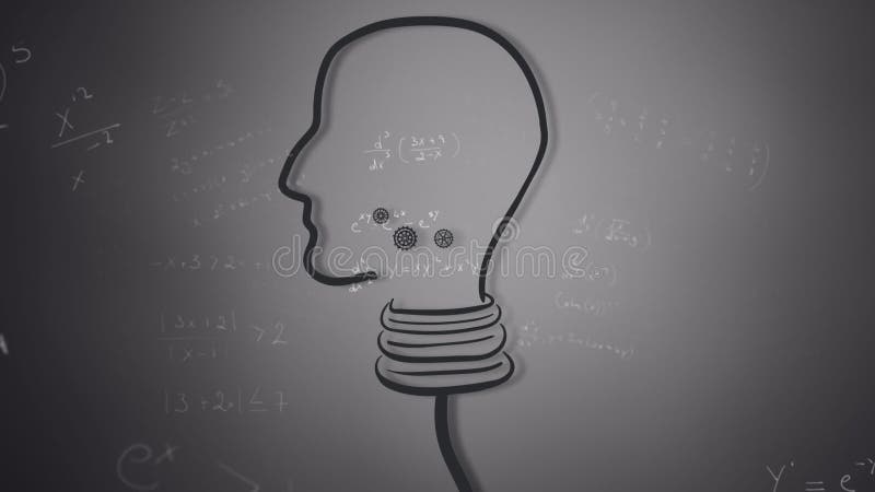 Animation of Light Bulb with Human Head and Cogs Over Mathematical ...