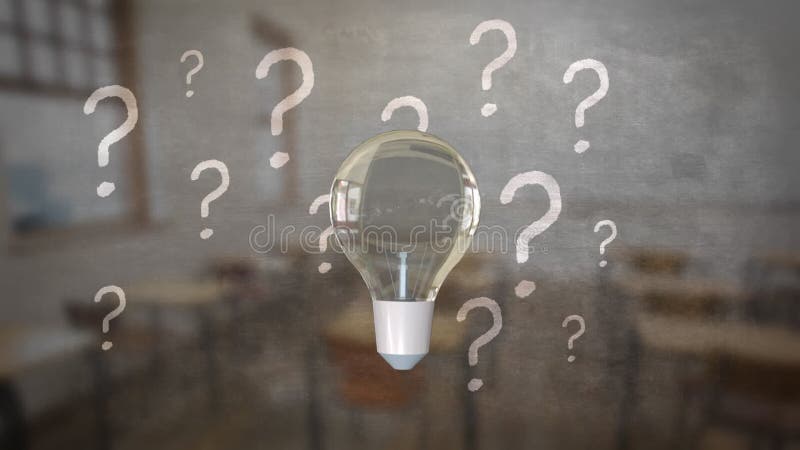 Animation of Light Bulb and Question Marks Over Class Room Background ...