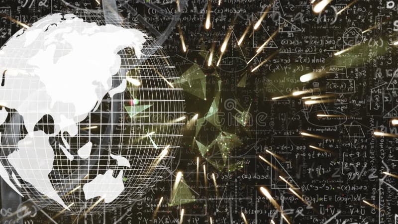 Animation of Light, Globe and Math Formulas on Dark Background Stock ...