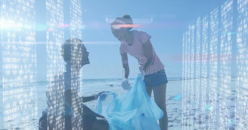Animation of Light Spots Over African American Couple Cleaning Beach ... Animation of Light Spots Over African American Couple Cleaning Beach ...