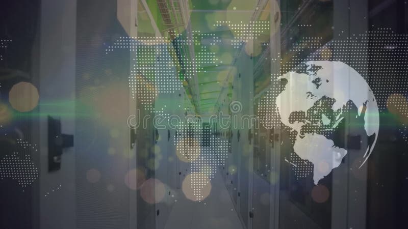Animation of Light Spots and World Map with World Map Over Server Room ...