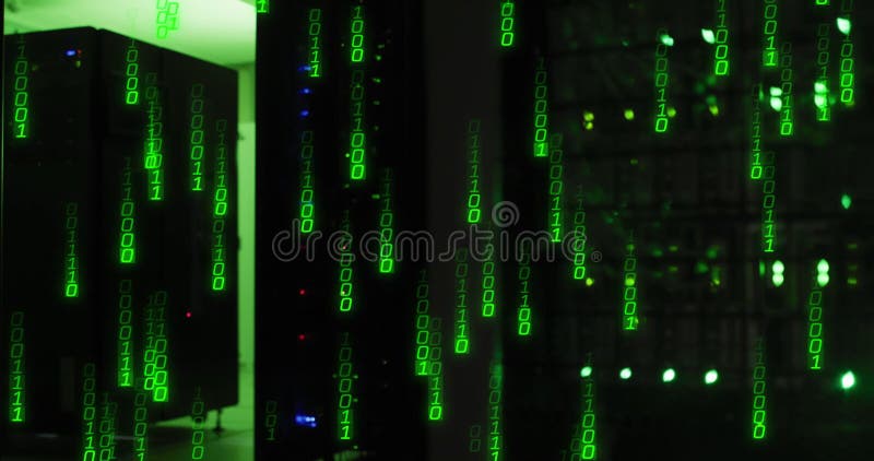 Animation Of Light Trails Of Binary Coding Falling Against Computer