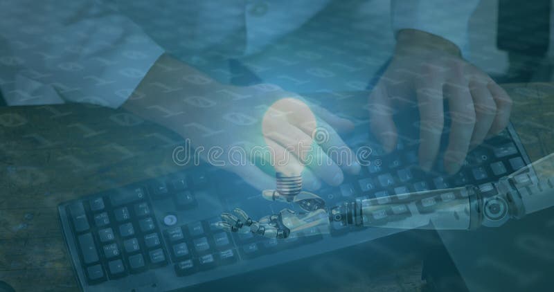 Animation Of Lightbulb Over Robot`s Arm Binary Coding And Man Typing On Computer Keyboard