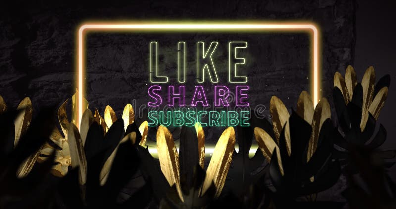 Animation of Like Share Subscribe Texts and Neon Frame Over Leaves on ...