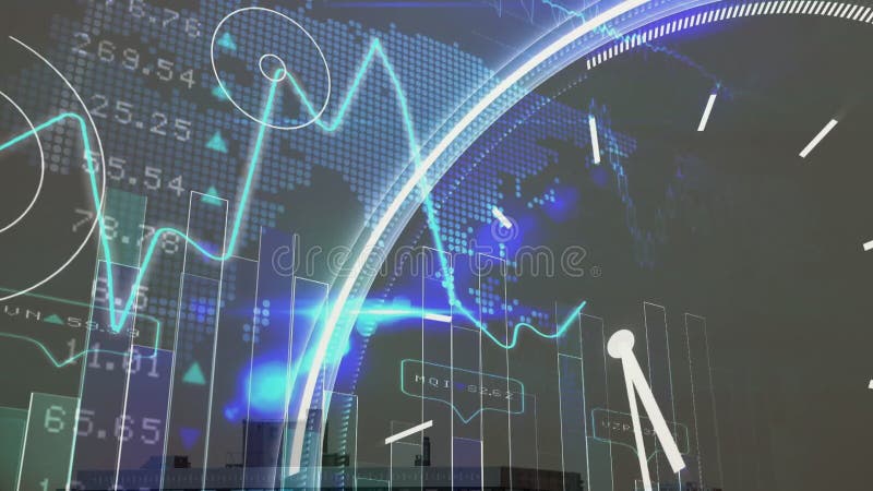 Animation of Line Graph with Numbers and Clock and Map on Abstract ...