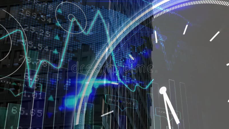 Animation of Line Graph, Numbers, Spinning Clock and Map Over Modern ...