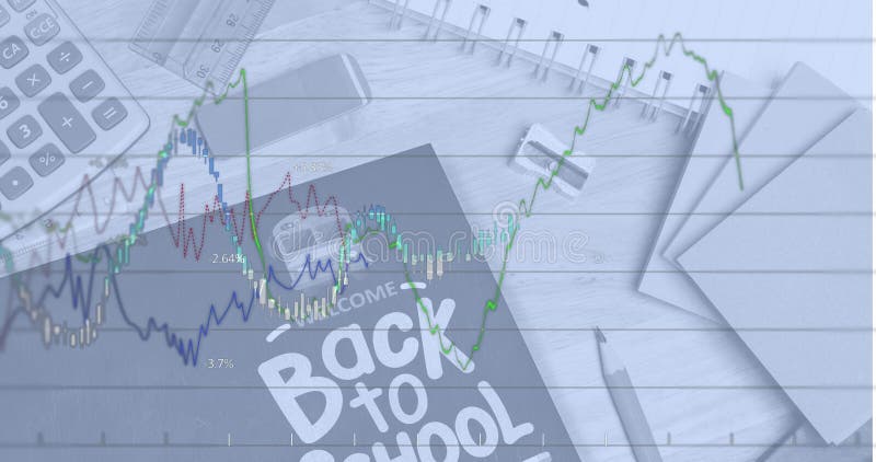 Animation of Line Graph and Welcome Back To School Text on Tablet Screen with Stationery on ...
