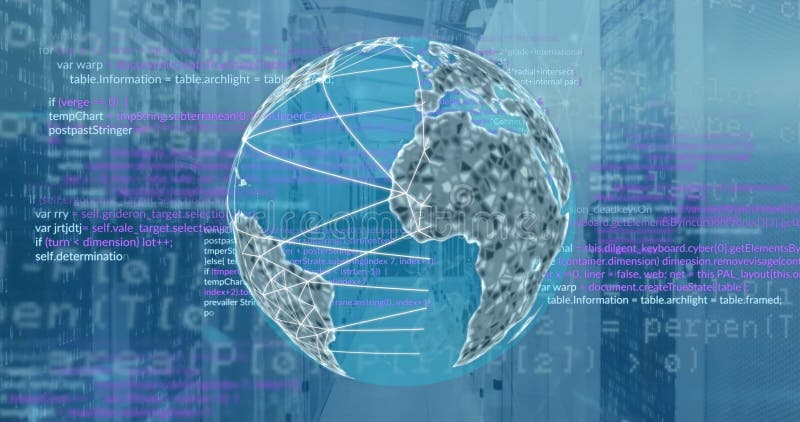 Animation of Lines on Globe with Computer Language Over Binary Codes on Data Server Racks Stock ...