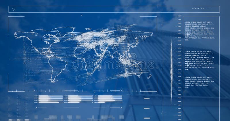 Animation Of Loading Bars Map And Computer Language Low Angle View Of