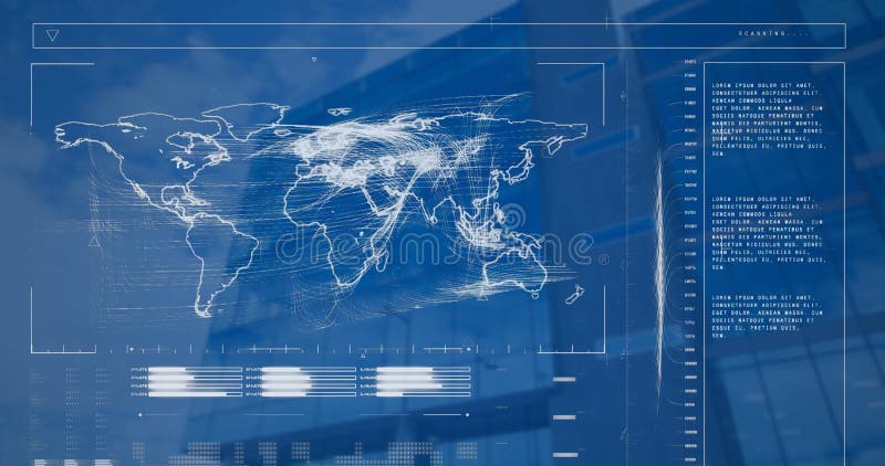 Animation Of Loading Bars Map And Computer Language Low Angle View Of Building Against Cloudy
