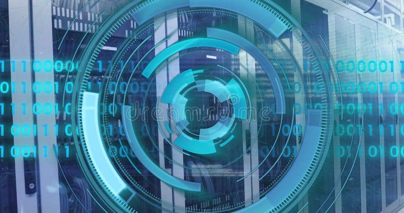 Animation Of Loading Circles And Binary Codes Over Data Server Racks In