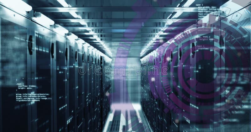Animation of Loading Circles and Computer Language Over Server Room Stock Footage - Video of ...