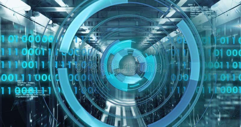 Animation of Loading Circles Over Binary Codes Against Bars on Server Room Stock Footage - Video ...