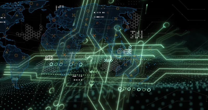 Animation of Loading Circles Over Circuit Board Pattern Against Map on Black Background Stock ...