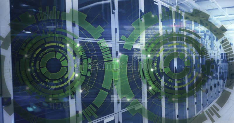 Animation of Loading Circles Over Computer Language Against Server Room in Background Stock ...